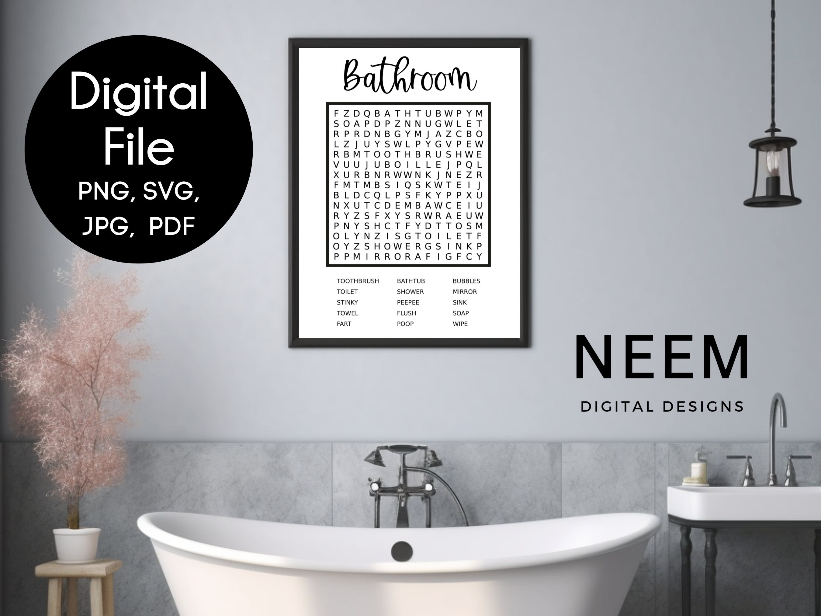 Bathroom Word Search | Printable Word Search | Wall Decor Art | Funny ...