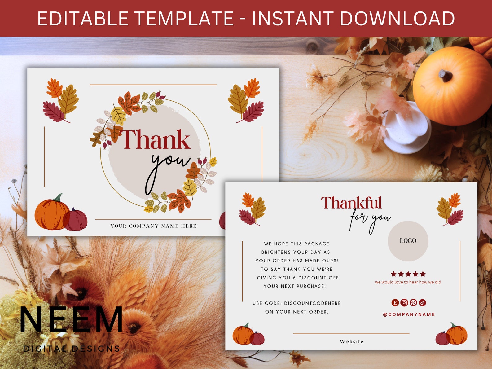 Fall Pumpkin Thank You Card Template, Editable Autumn Thank You Card ...