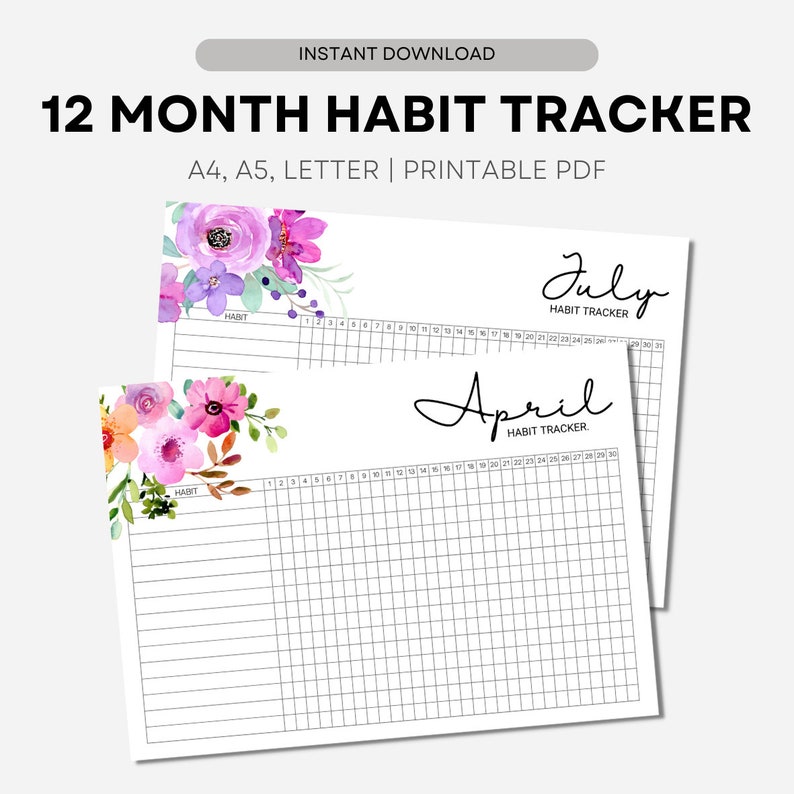 Habit Tracker Printable PDF, Floral 12 Month Habit Tracker, Botanical ...