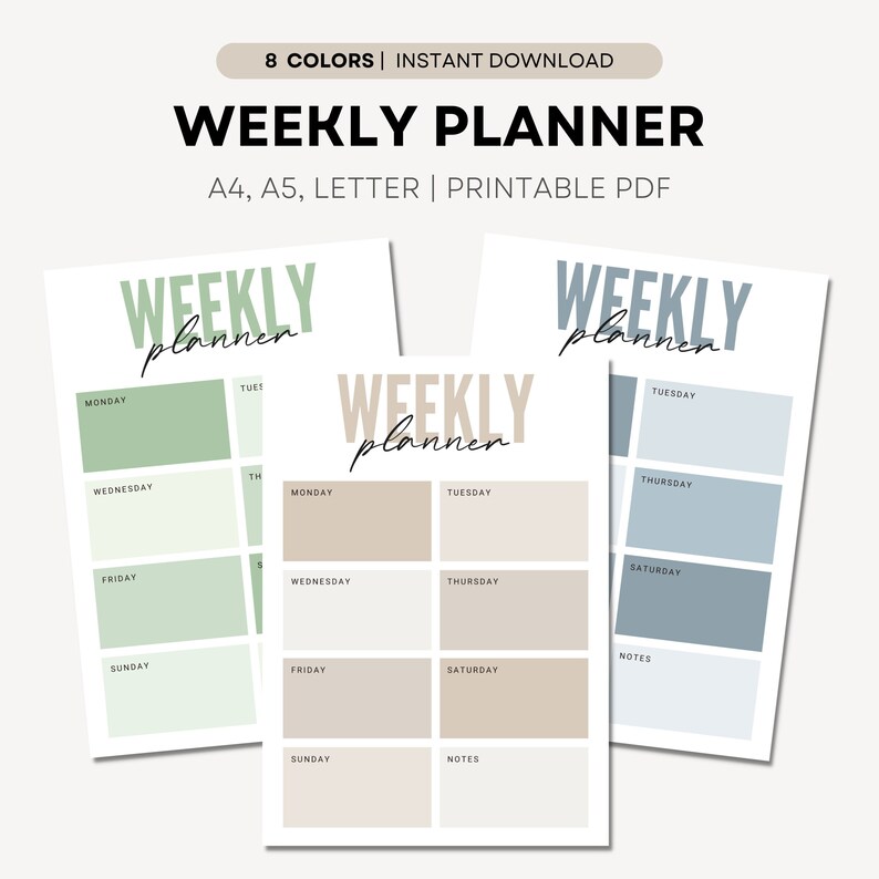 Printable Weekly Planner Bundle, Neutral Colors Vertical Layout Weekly ...