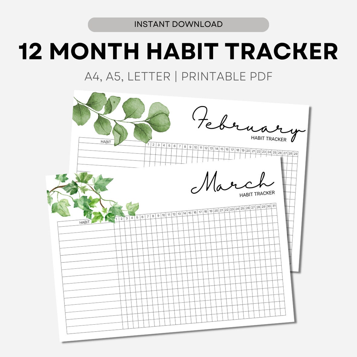 Habit Tracker Printable PDF, Botanical 12 Month Habit Tracker ...