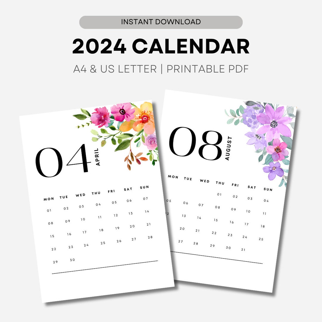 Printable Floral Calendar 2024, Minimalist Botanical Vertical Layout ...