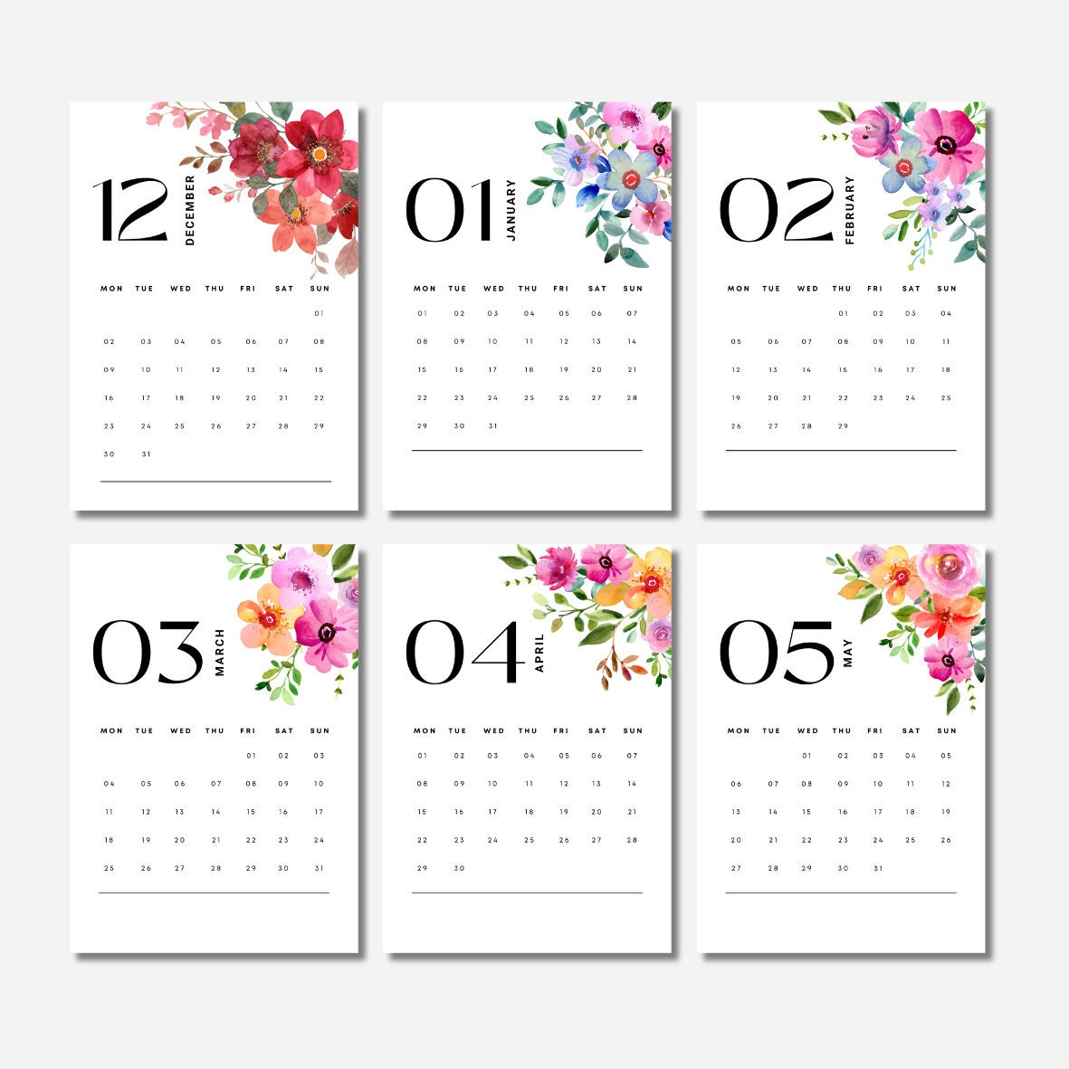 Printable Floral Calendar 2024, Minimalist Botanical Vertical Layout ...