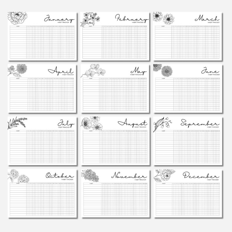 Monthly Habit Tracker Printable PDF, Floral 12 Month Habit Tracker ...