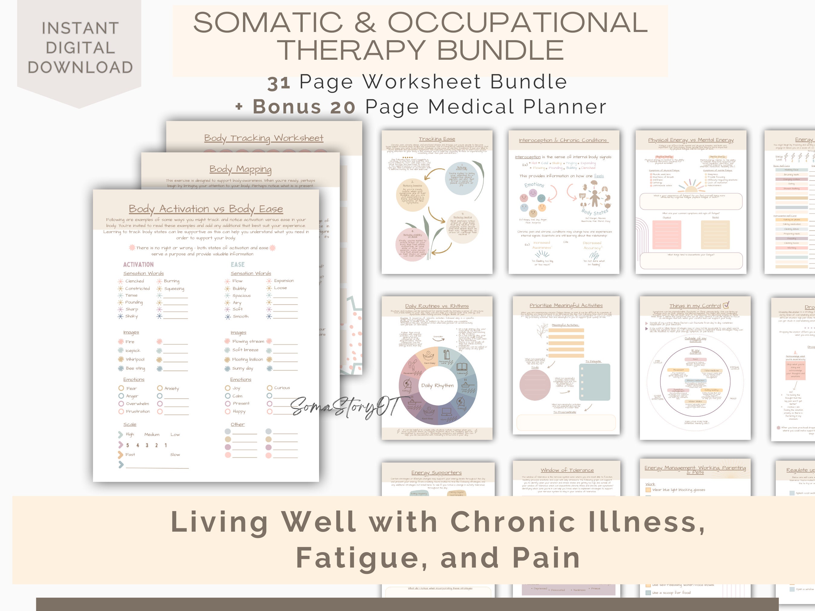 Somatic Therapy & Occupational Therapy Worksheet Bundle for Chronic ...