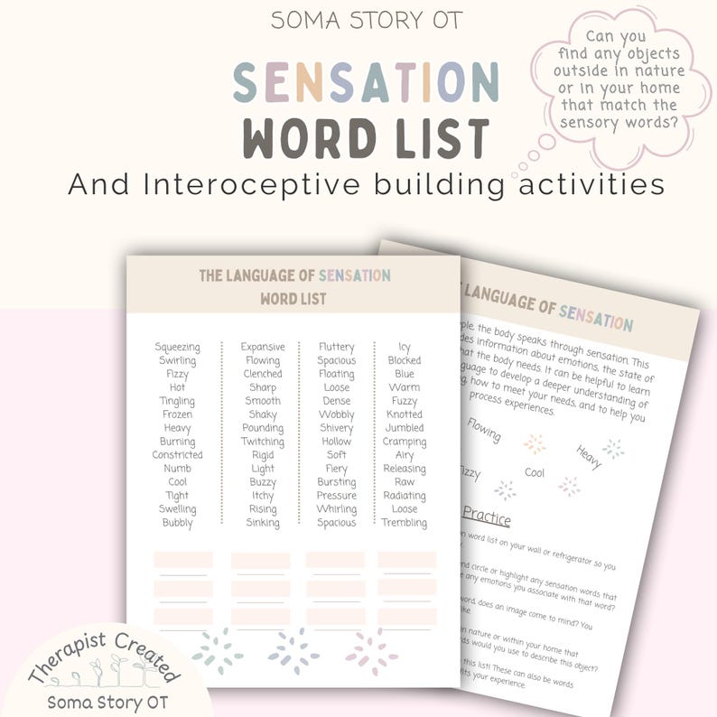 Somatic Therapy Body Mapping Worksheet & Sensation Word Vocab List ...