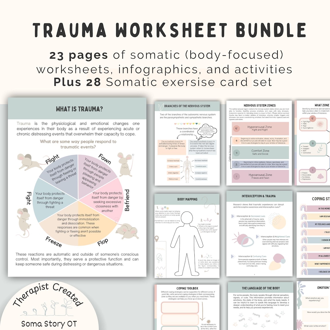 Somatic Therapy Worksheets and Somatic Exercise Cards Bundle: Trauma ...