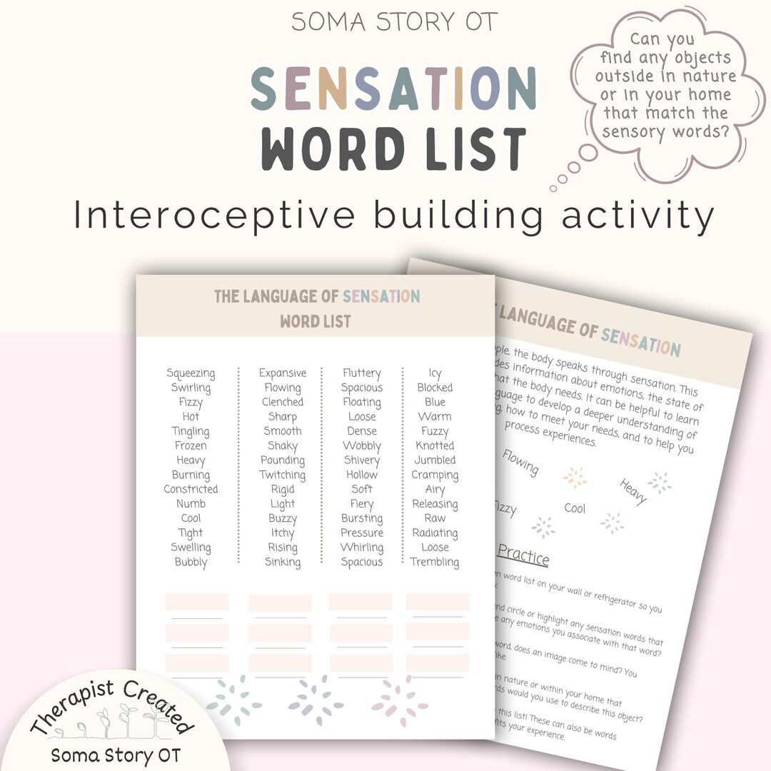 Somatic Therapy Interoception Worksheet & Sensation Word Vocab List ...