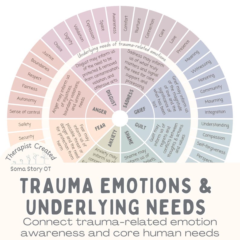 Emotion Wheel, Feelings Wheel, TRAUMA EMOTIONS & NEEDS Wheel, Trauma ...