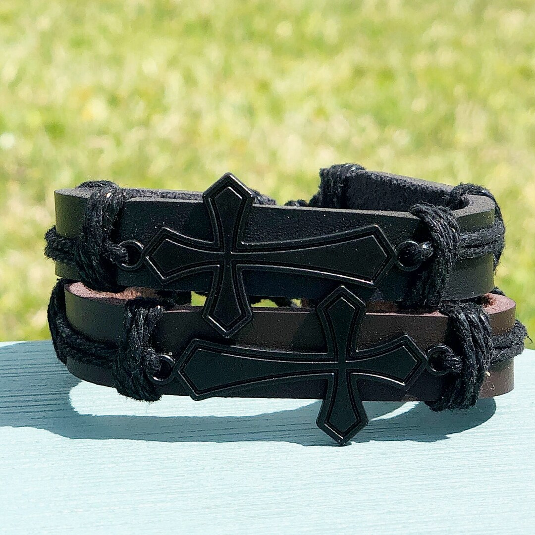 Christian Leather Bracelet, Stainless Steel Black Cross, Adjustable ...