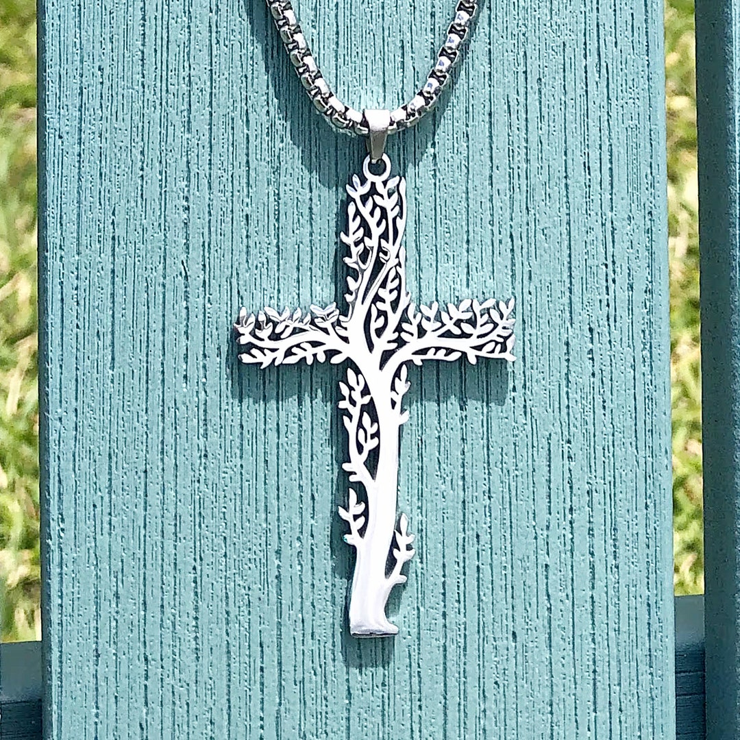 Forged Christian Cross Necklace, Stainless Steel, 3 Colors, Tree of ...