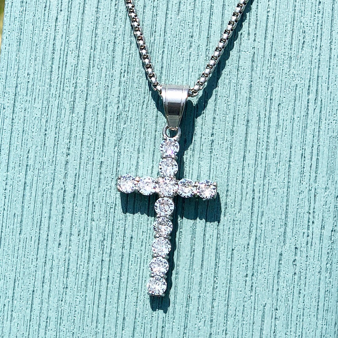 995 Sterling Silver Christian Cross Necklace, Inlaid Zircon Diamonds ...