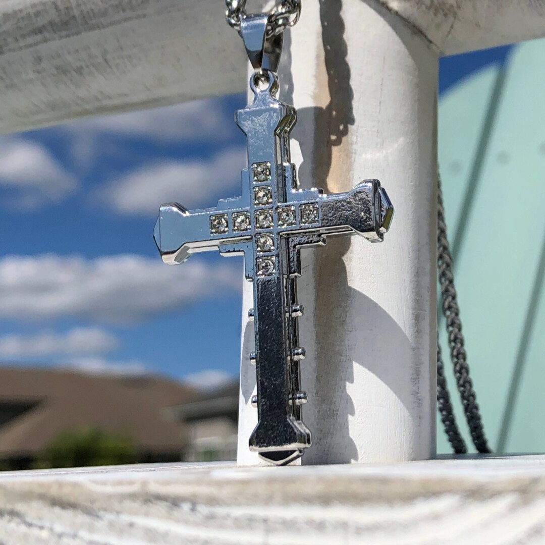 Large 2 Tier Silver Cross Necklace Inlaid Zircon Diamond Free Gift Wrap ...