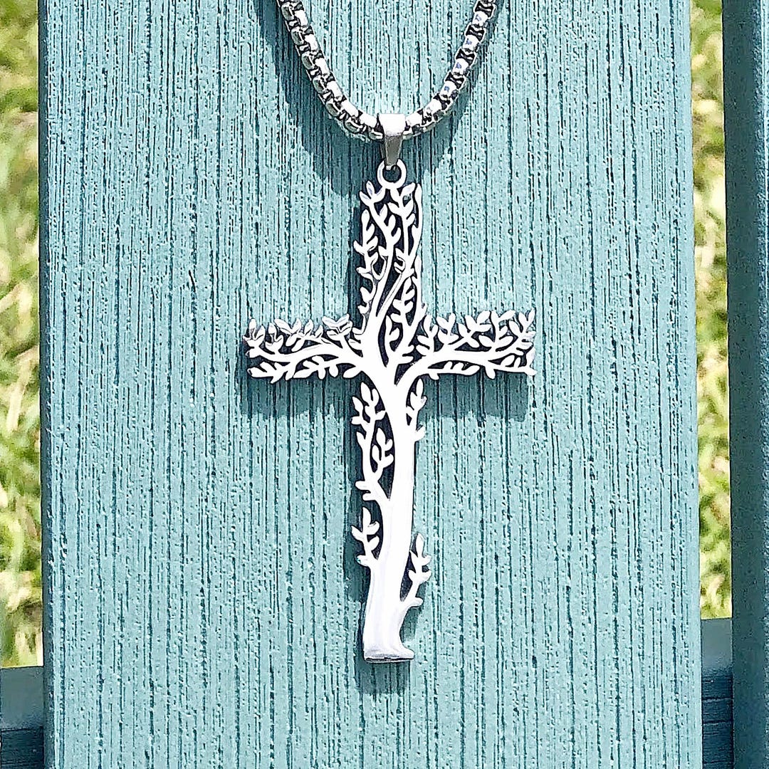 Tree of Life Cross Necklace, Forged Stainless Steel, Free Gift Box ...