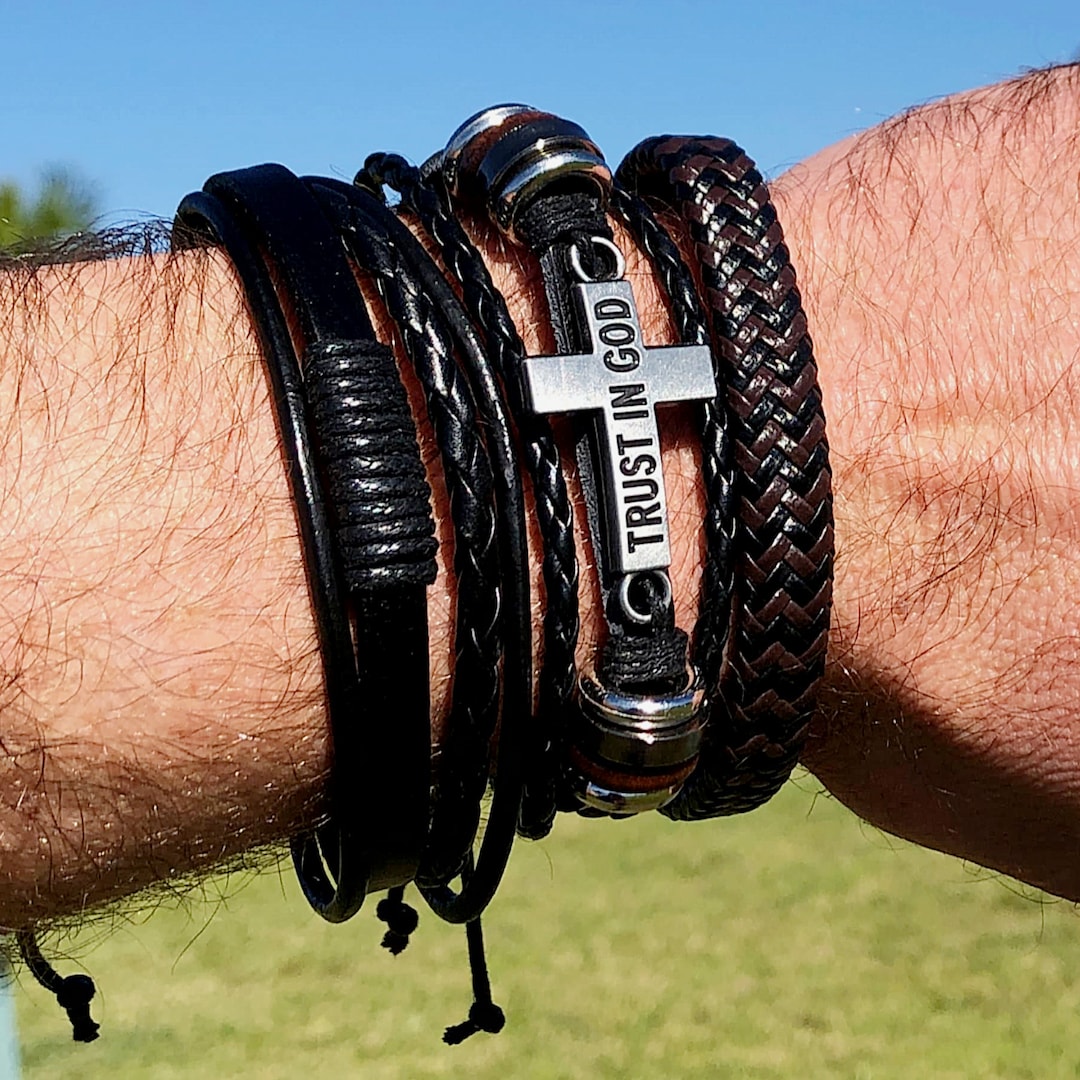 Genuine Leather Christian Adjustable Bracelet Set With Silver Engraved ...