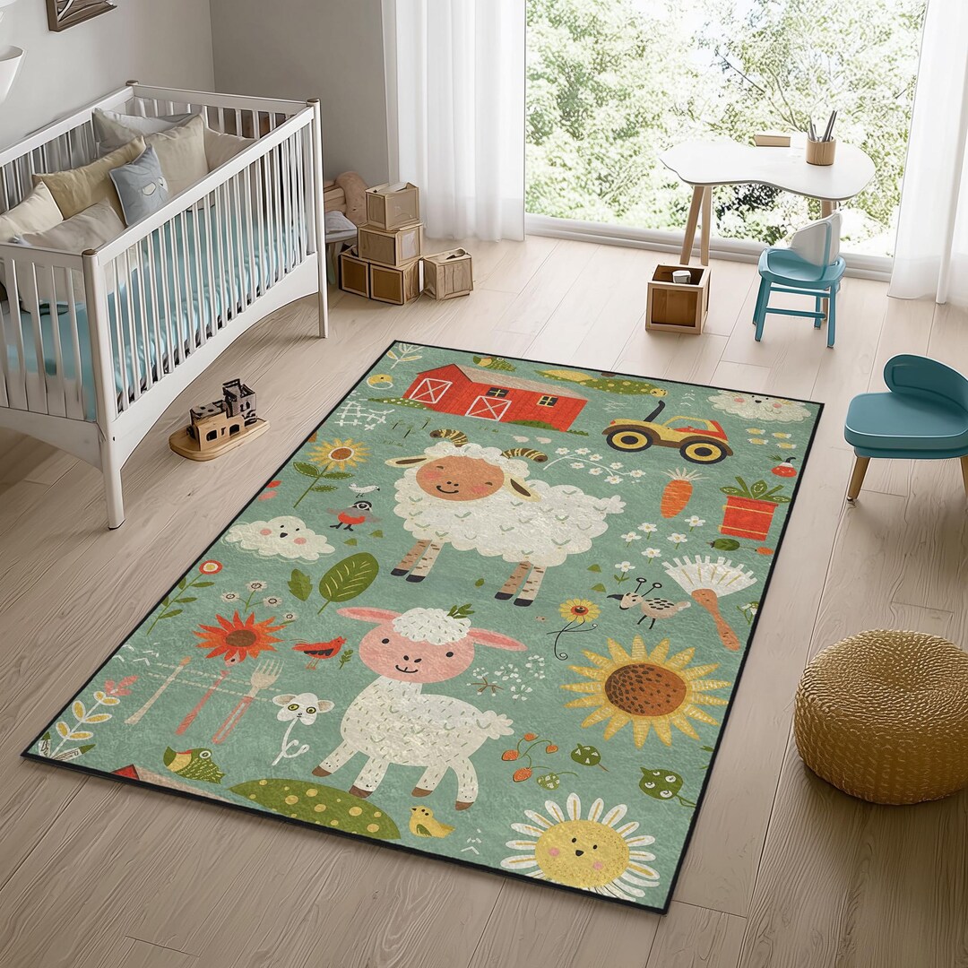 Farm Animals Kids Rug: Lambs, Barn, Tractor - Teal Nursery Playroom ...