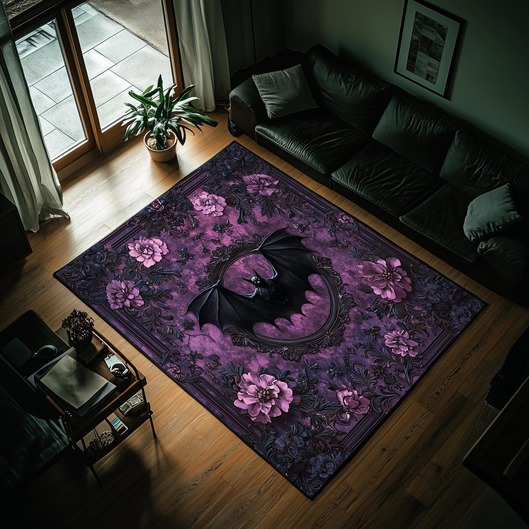 Gothic Bat Rug – Purple Floral Dark Fantasy Carpet With Vampire Bat ...