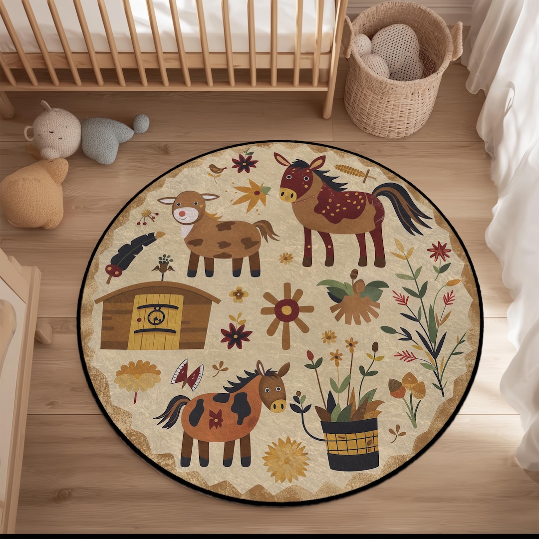 Farm Animal Nursery Rug: Round Velvet Kids Playroom Carpet - Etsy