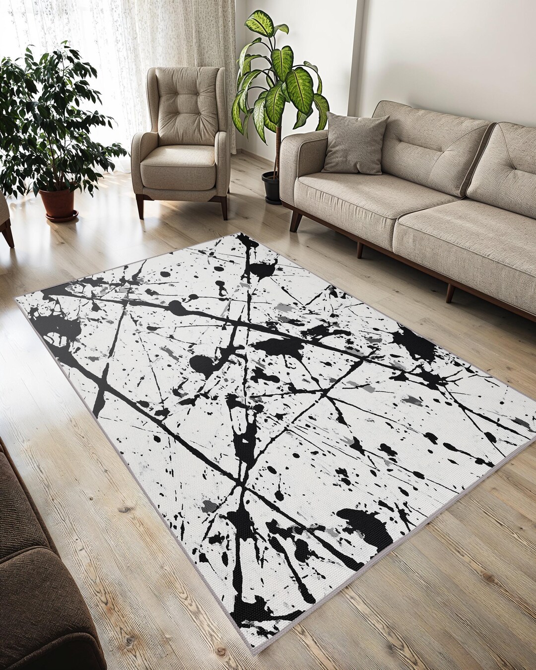Black and White Abstract Area Rug: Modern Non-slip Floor Carpet - Etsy