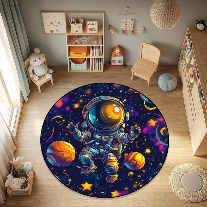 Space Astronaut Kids Rug Colorful Galaxy Themed Playroom Carpet Outer ...