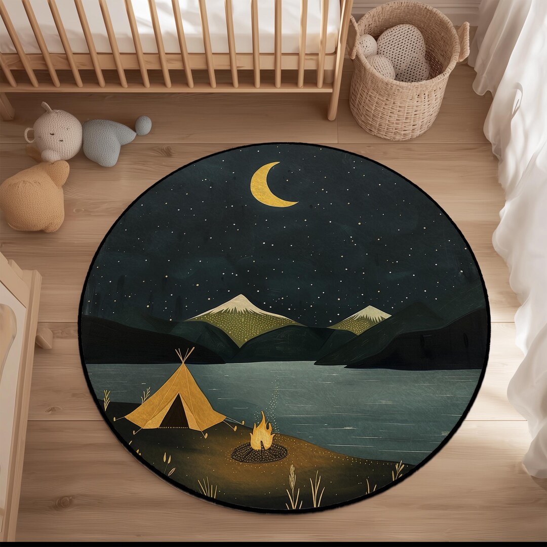 Night Sky Camping Nursery Rug, Mountain Lake Tent Campfire Mat, Kids ...