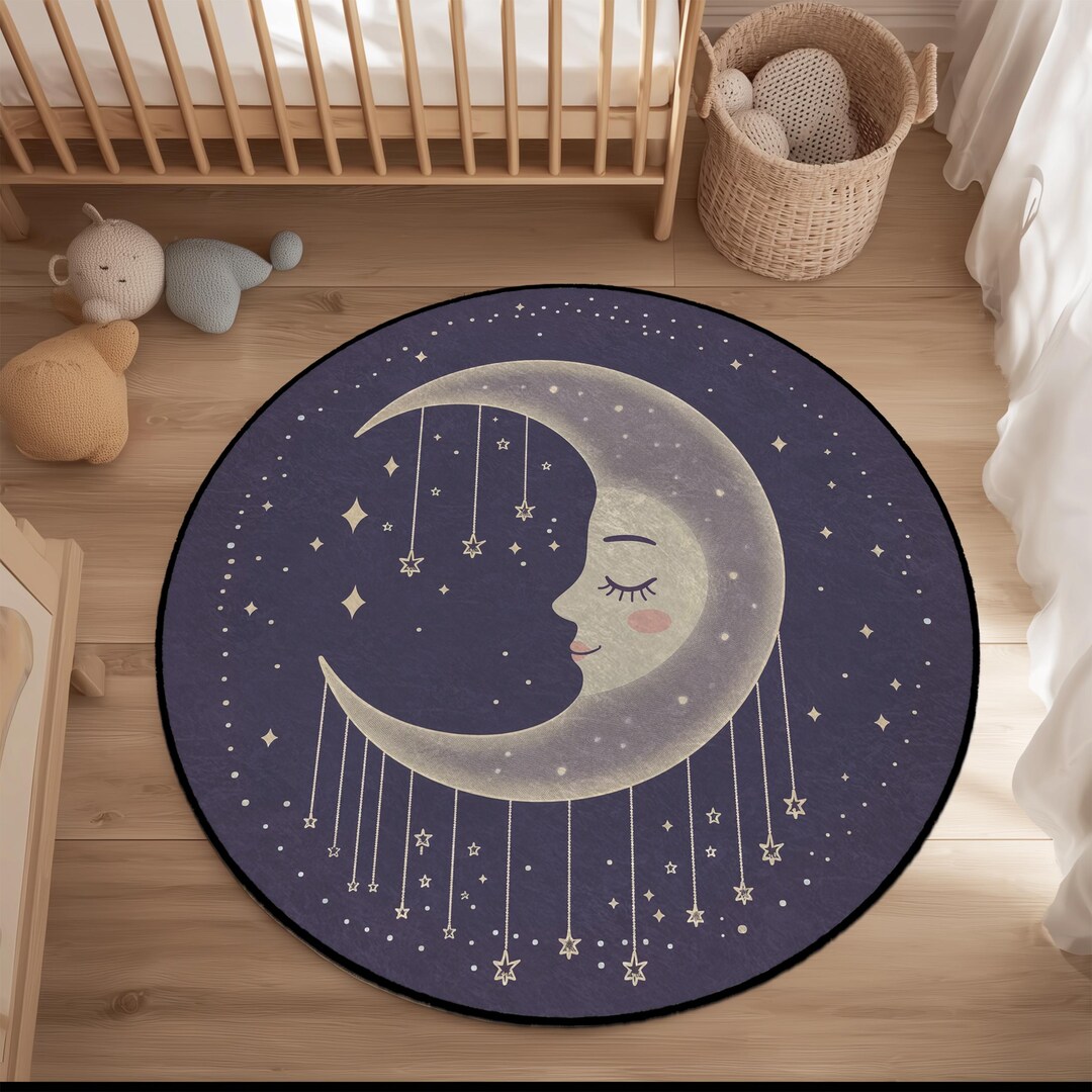 Round Moon Nursery Rug, Celestial Moon and Stars Kids Room Carpet, Cute ...