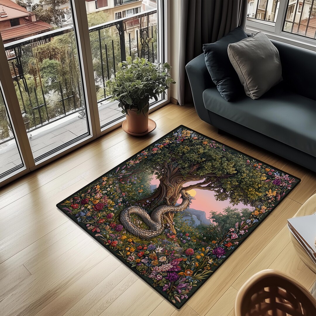 Nature-inspired Area Rug With Enchanting Tree & Serpent Design ...