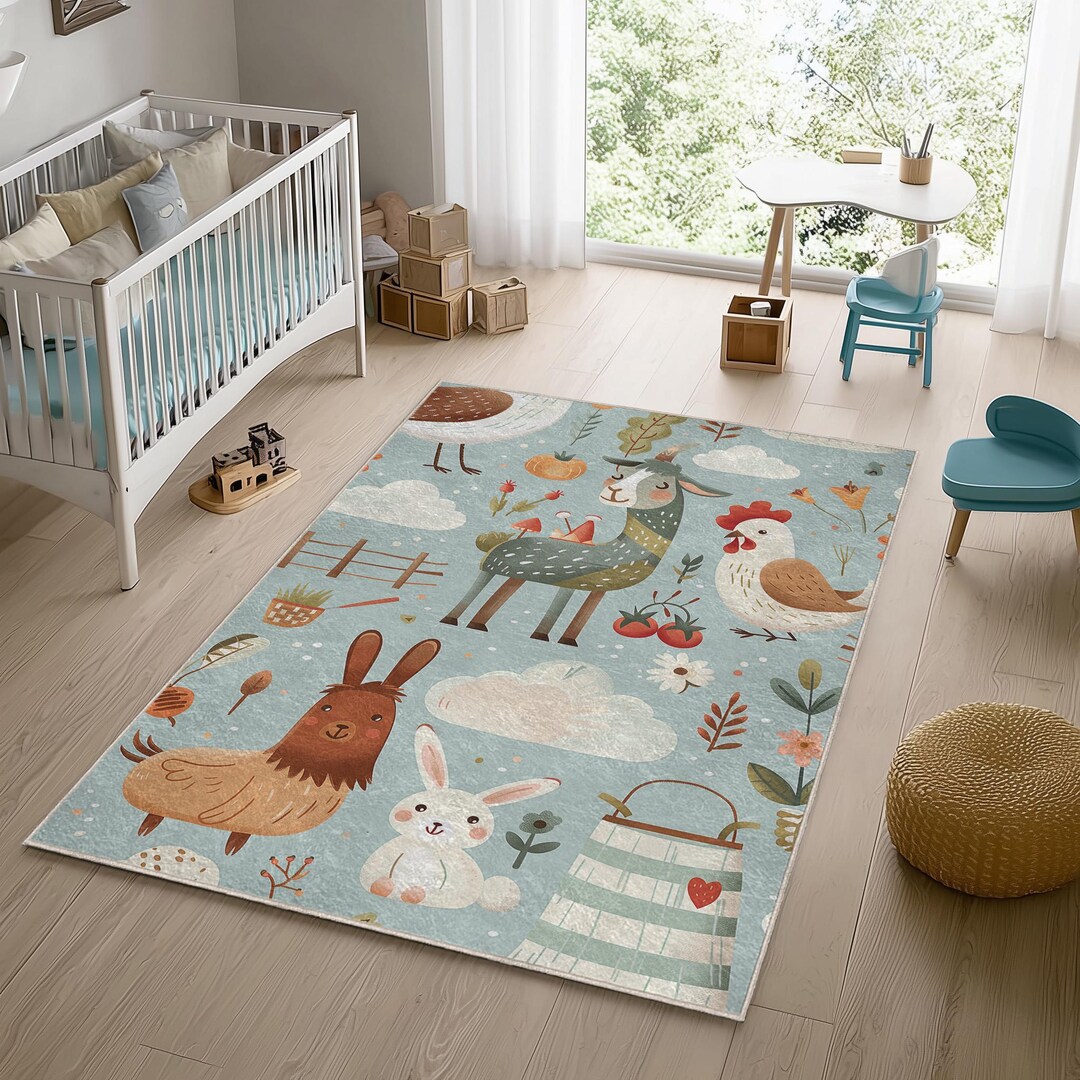 Farm Animal Kids Rug – Pastel Nursery, Playroom Decor - Etsy