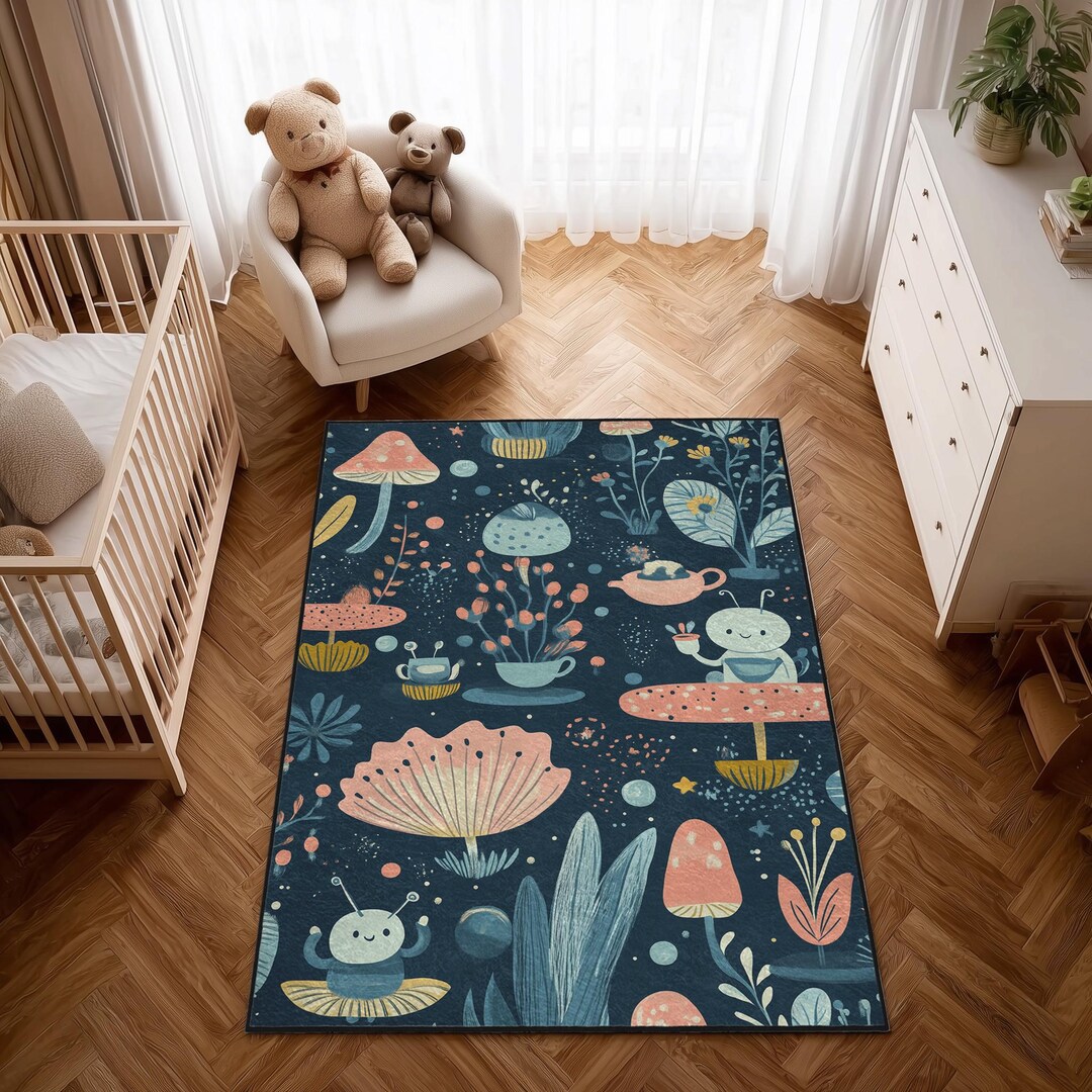 Alien Tea Party Nursery Rug – Cute Space Creature Carpet | Baby Room ...