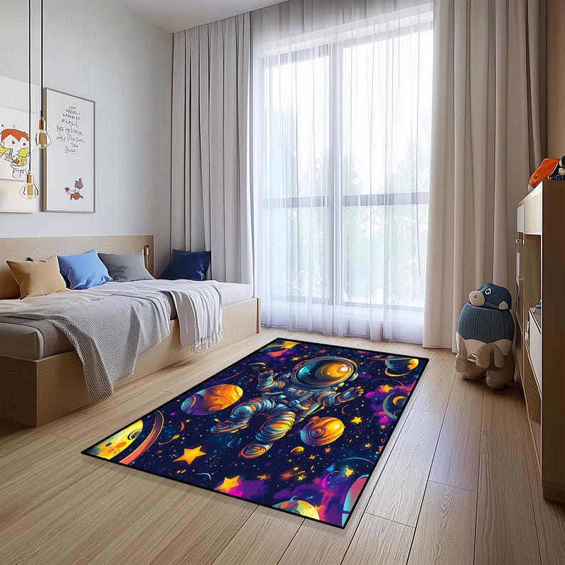 Space Astronaut Kids Rug Colorful Galaxy Themed Playroom Carpet Outer ...