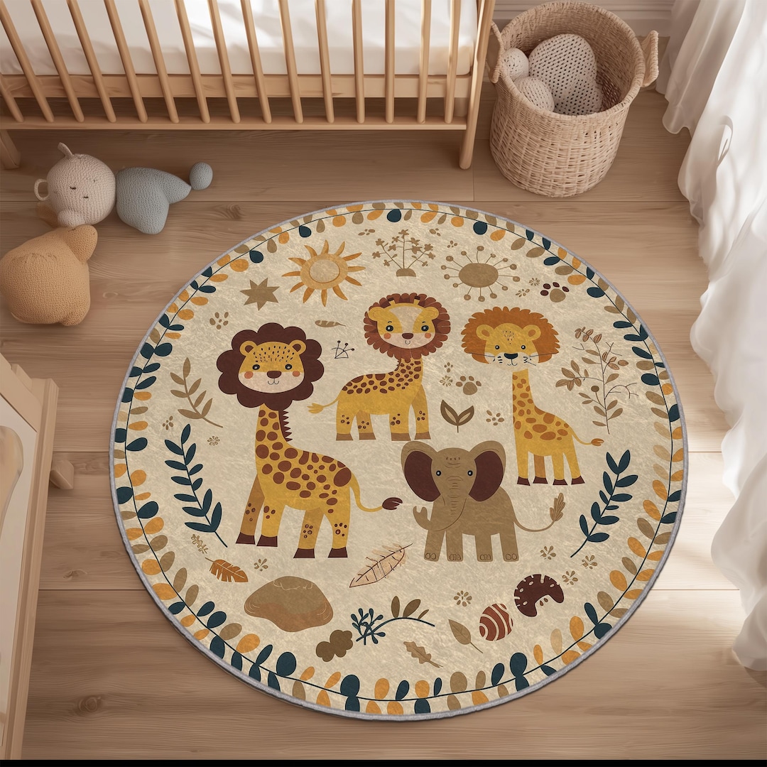 Safari Nursery Rug: Round Jungle Animals, Soft Velvet - Etsy