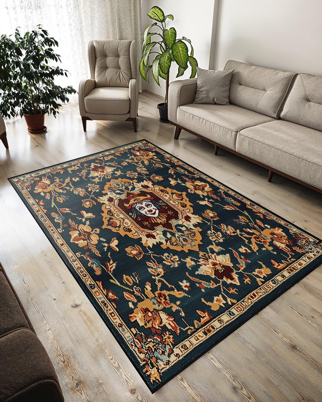 Whimsical Clown Rug: Dark Floral Vintage Style Velvet Area Rug - Etsy