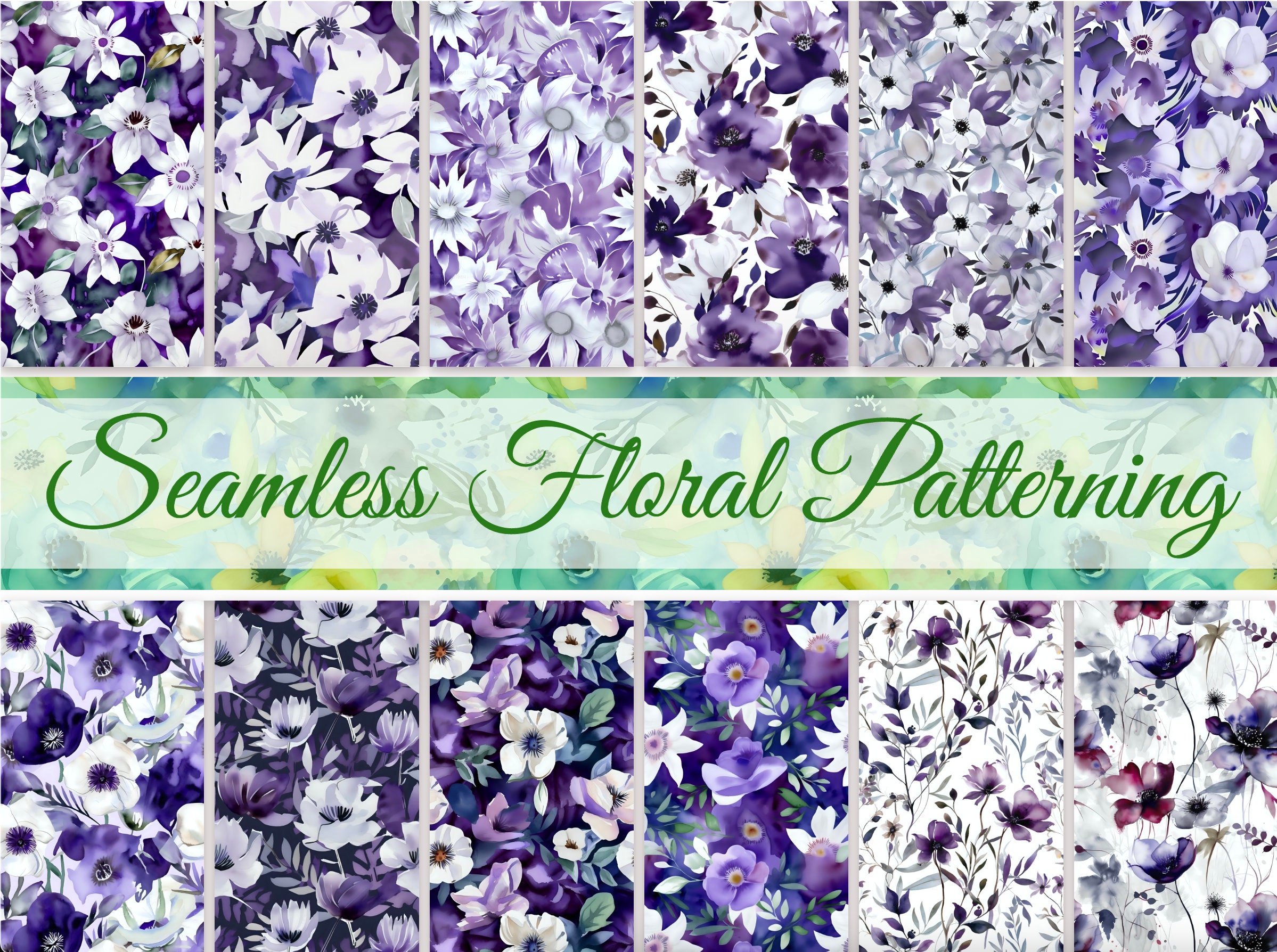 Purple and White Floral Patterns SEAMLESS Winter Floral Medley Digital ...