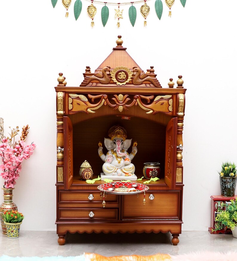 Divya Darshan Floor Rested Pooja Mandir With Door (teak Gold), Wooden ...