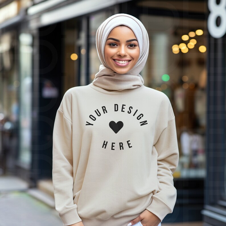 Gildan 18000 Sand Mockup Sweatshirt Mockup Female Model Fall Mockup ...