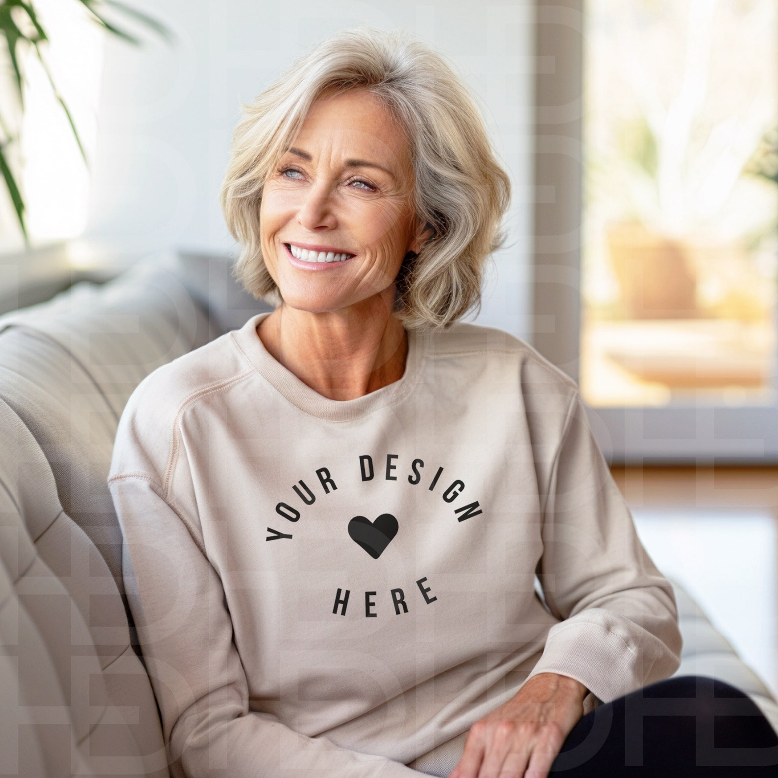 Gildan 18000 Mockup Sand Sweatshirt Mockup Female Model Mockup Older ...