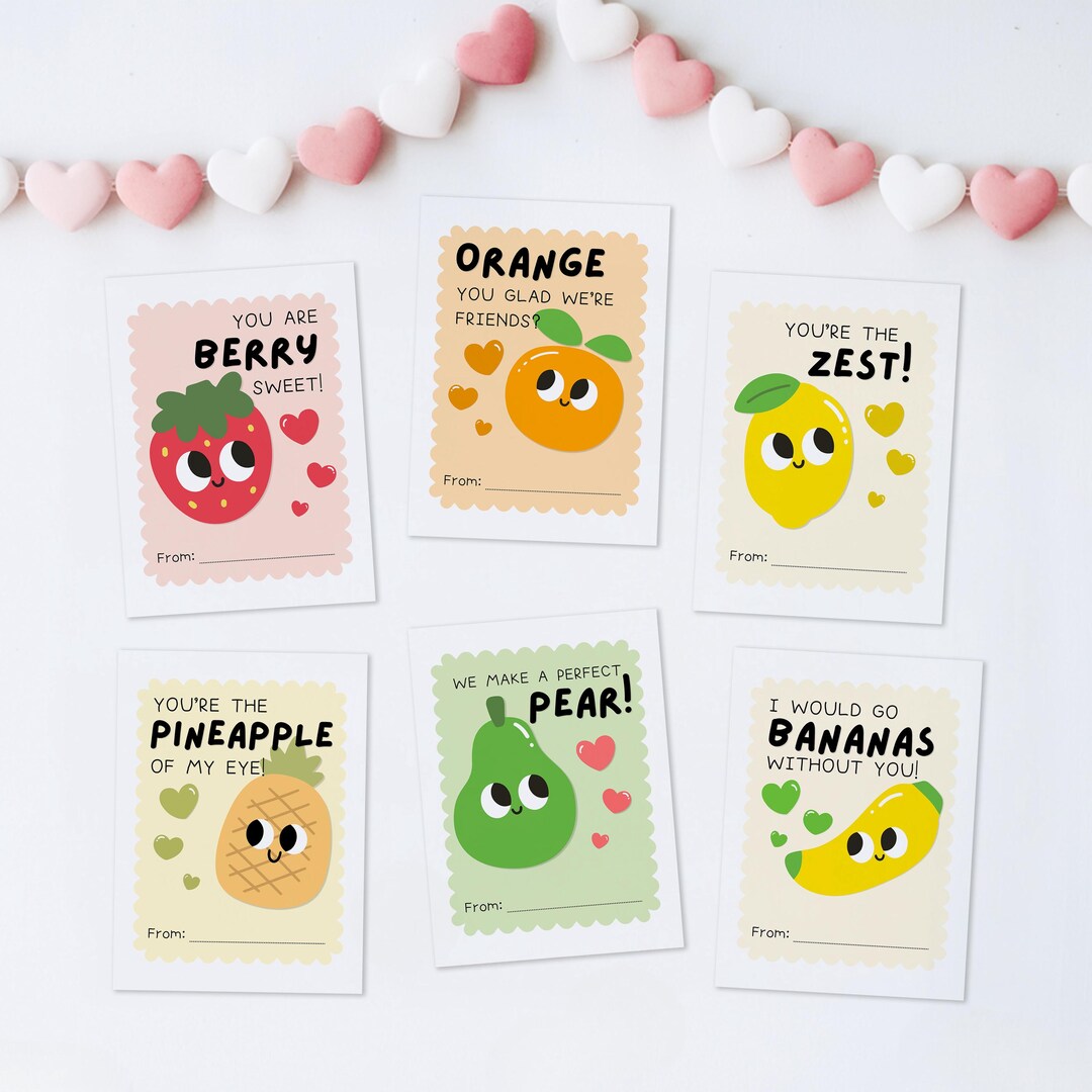 Printable Kawaii Fruit Valentine Cards for Kids, Food Pun Classroom ...
