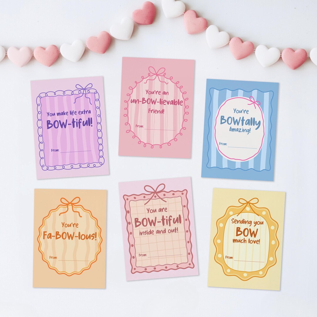 Printable Colorful Coquette Bow Valentine Cards for Kids, Classroom ...