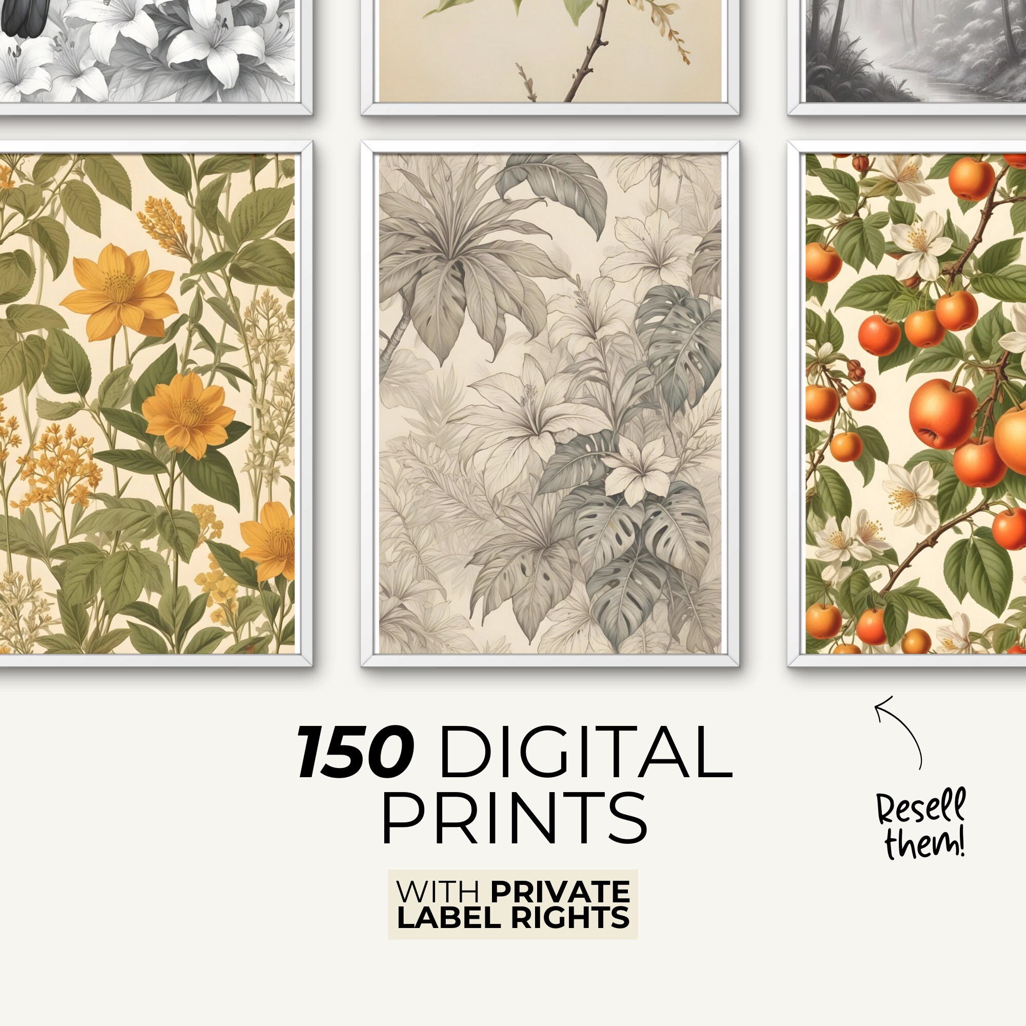 150 Vintage Wall Art Designs With PLR, Retro Digital Prints for Gallery ...