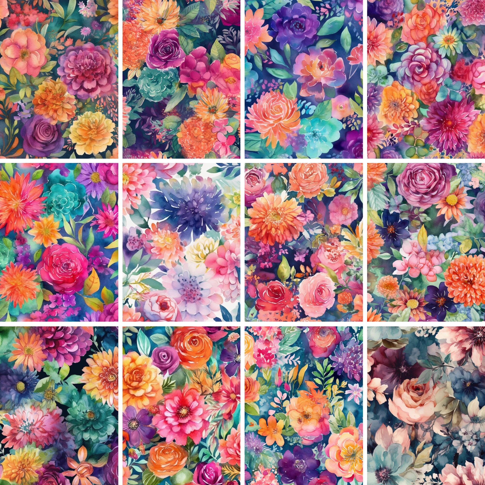 Floral Medley Digital Paper SEAMLESS Watercolor Flower Patterns 12 ...
