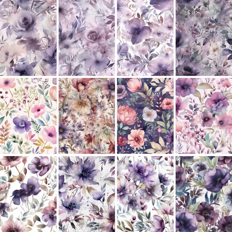 Purple Floral Digital Paper SEAMLESS Watercolor Flower Patterns 12 ...