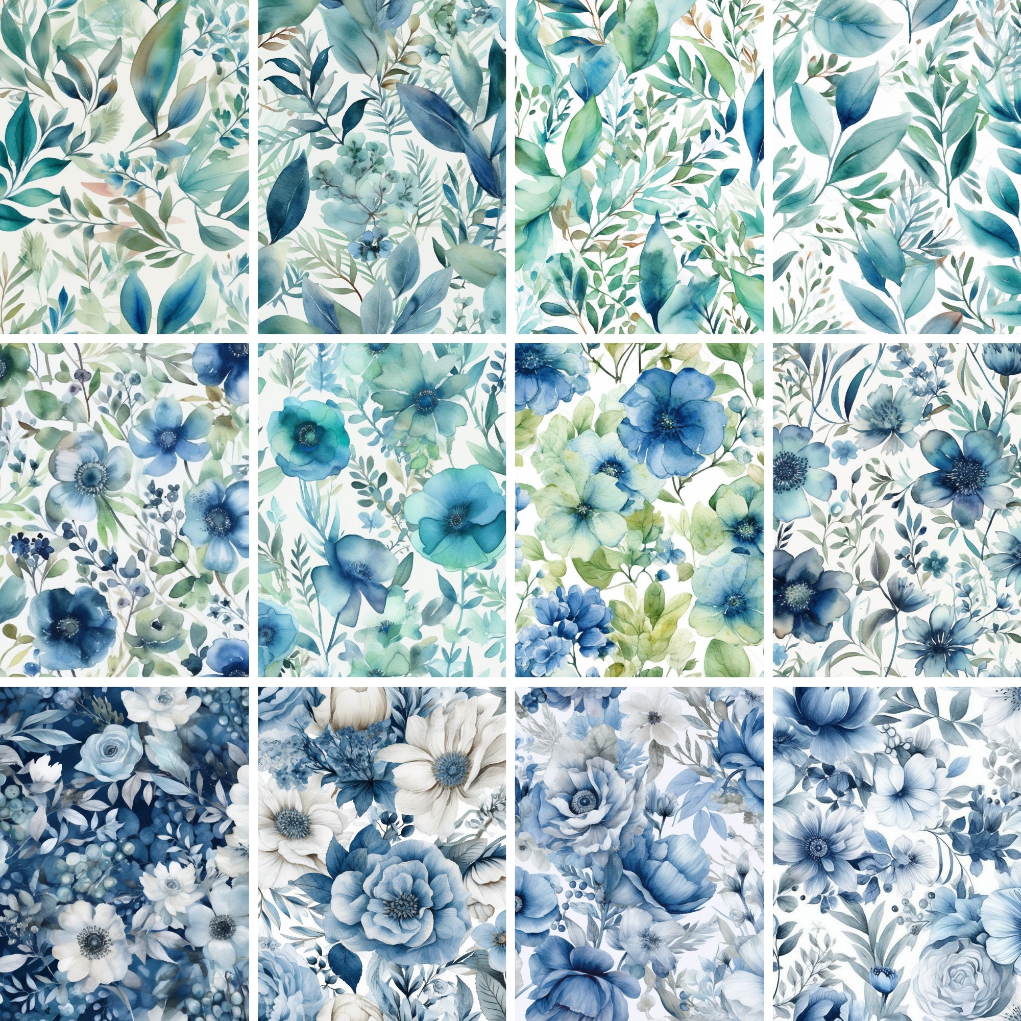 Blue Floral Digital Paper - SEAMLESS - Watercolor Flower Patterns - 12 ...