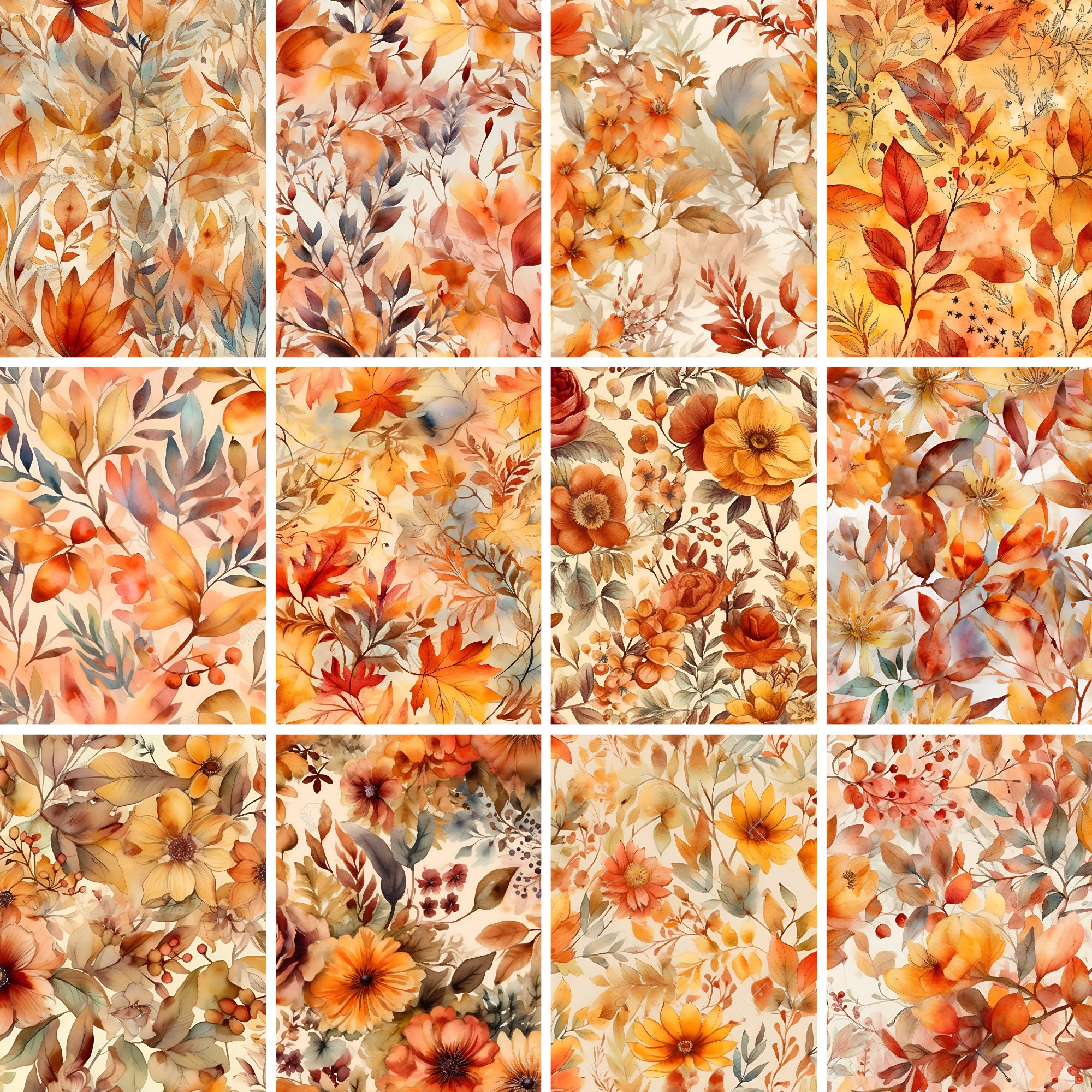 Autumn Floral Digital Paper - SEAMLESS - Watercolor Flower Patterns ...
