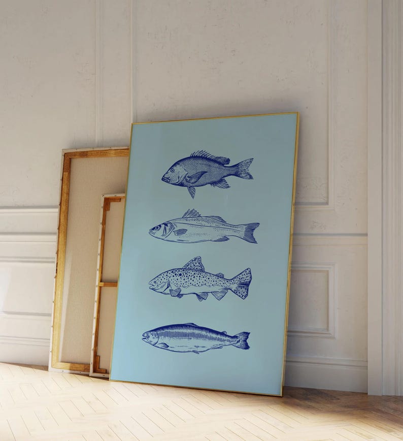 Blue Fish Print Vintage Line Art Fisherman Gift Printable Poster Summer ...
