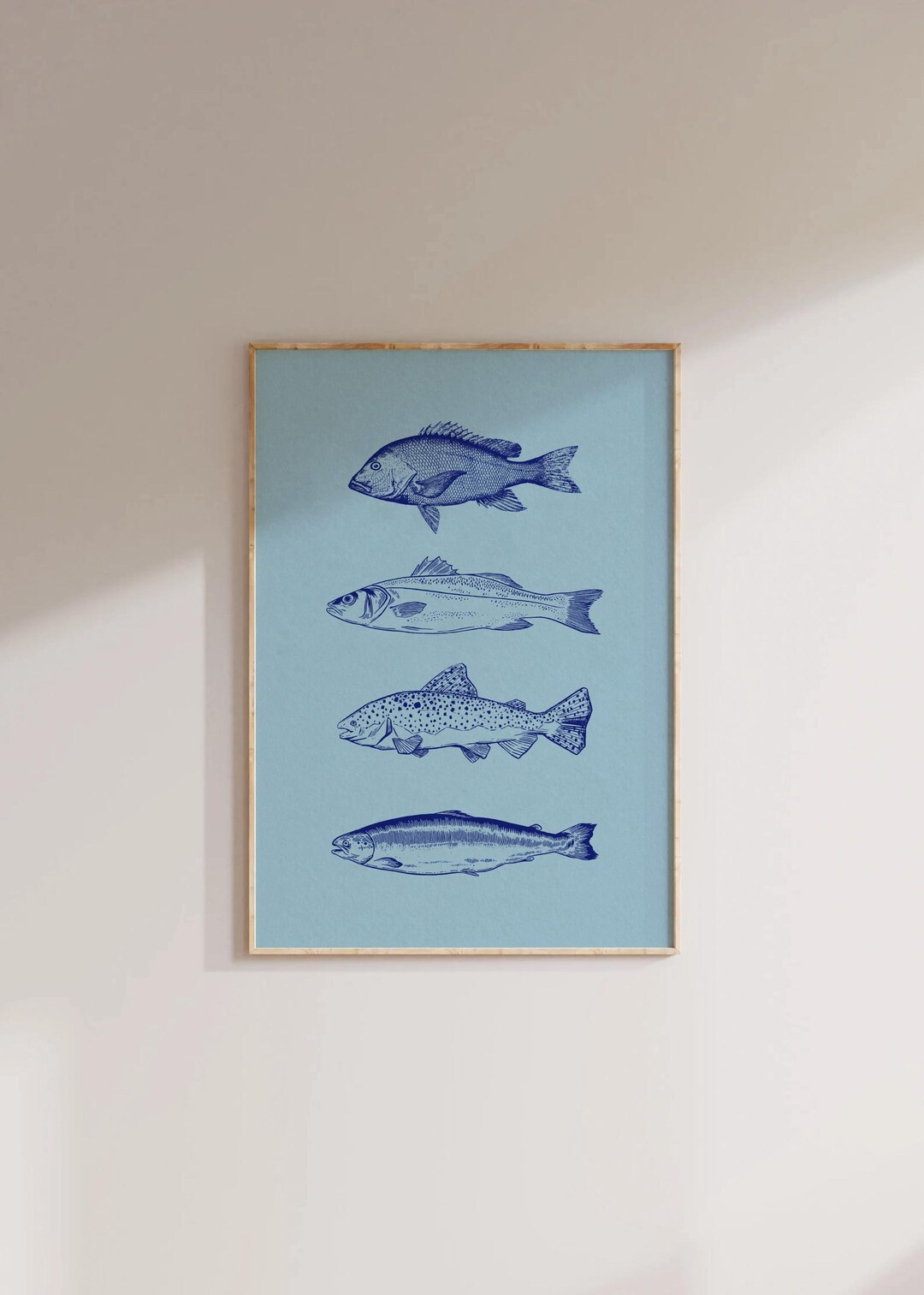 Blue Fish Print Vintage Line Art Fisherman Gift Printable Poster Summer ...