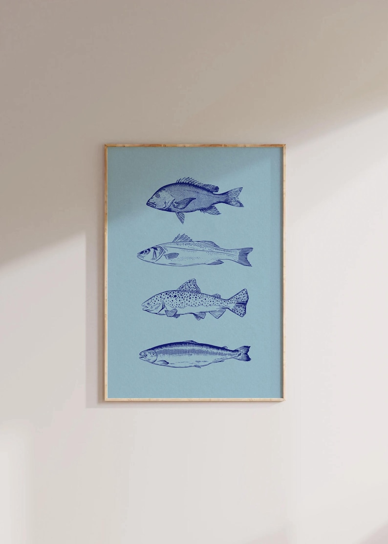 Blue Fish Print Vintage Line Art Fisherman Gift Printable Poster Summer ...