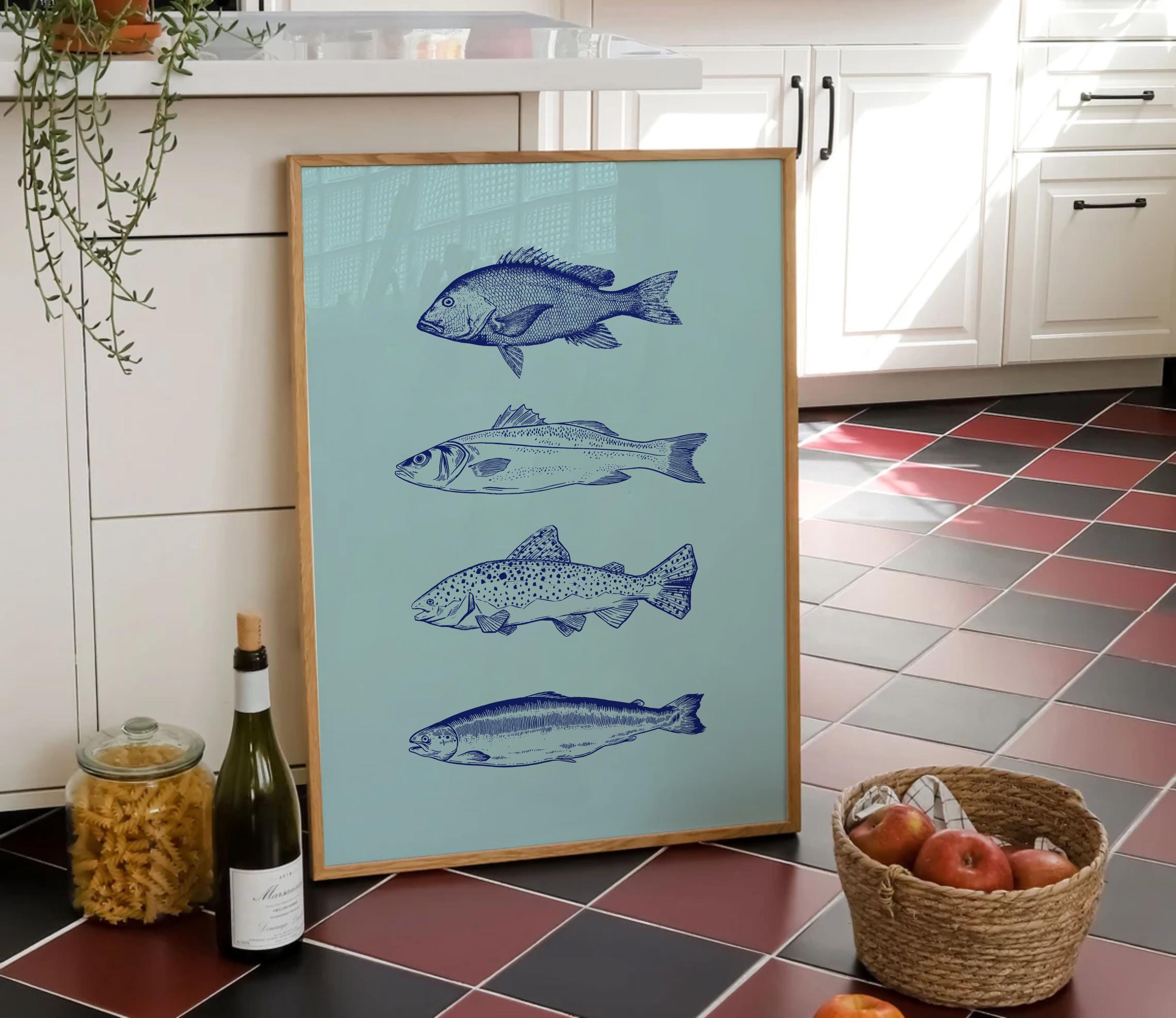 Blue Fish Print Vintage Line Art Fisherman Gift Printable Poster Summer ...