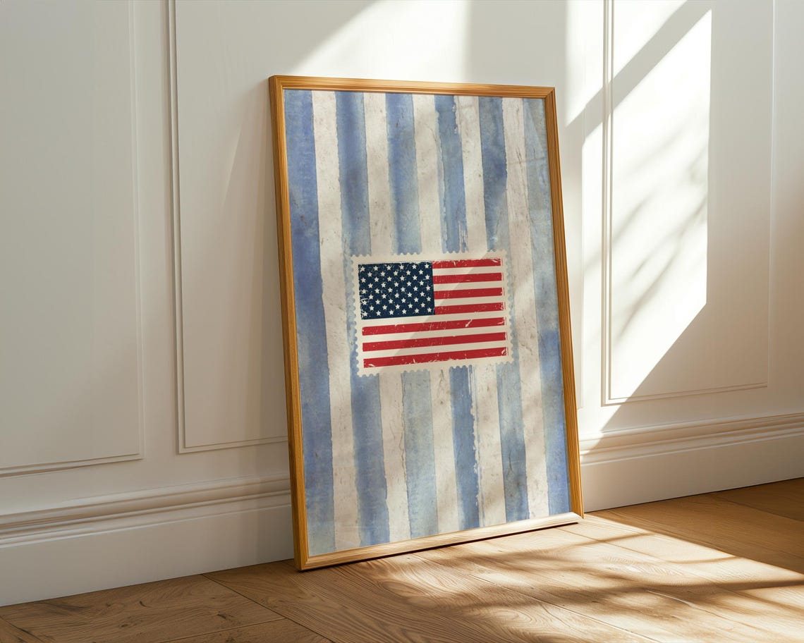 Vintage US Flag Art, Vintage Flag Stamp Print, United States Flag ...
