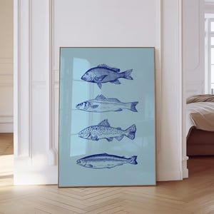 Blue Fish Print Vintage Line Art Fisherman Gift Printable Poster Summer ...