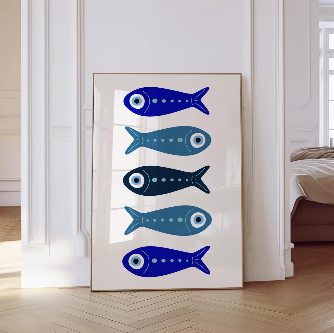 Evil Eye Sardines Art Print, Minimalist Wall Art, Blue Art Print, Mid ...